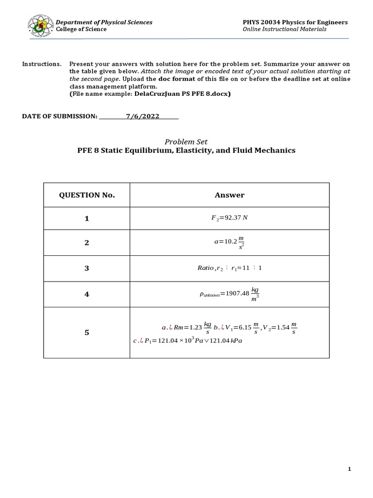Physics for Engineers: Problem Set Solutions | PDF