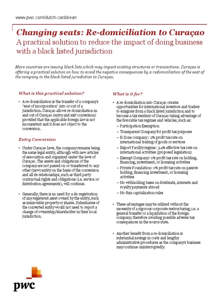 Re-domiciliation Benefits in Curaçao | PDF | Taxes | Equity (Finance)