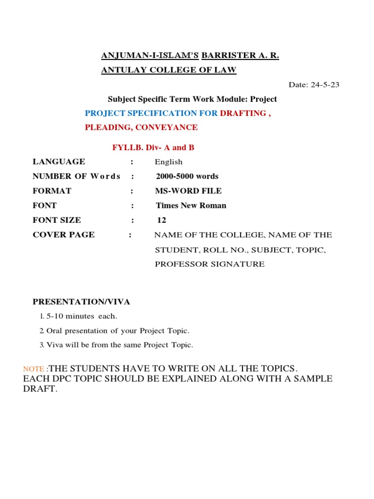 DPC Project Guidelines for FYLLB Students | PDF