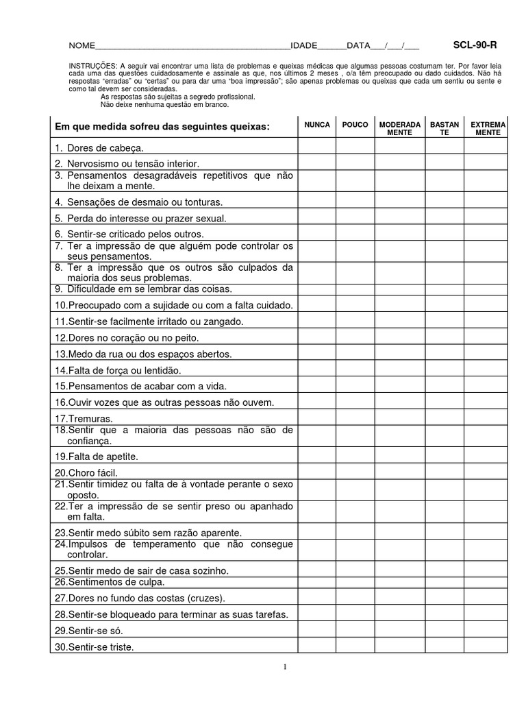 Escala SCL-90 | PDF | Pensamento | Mente