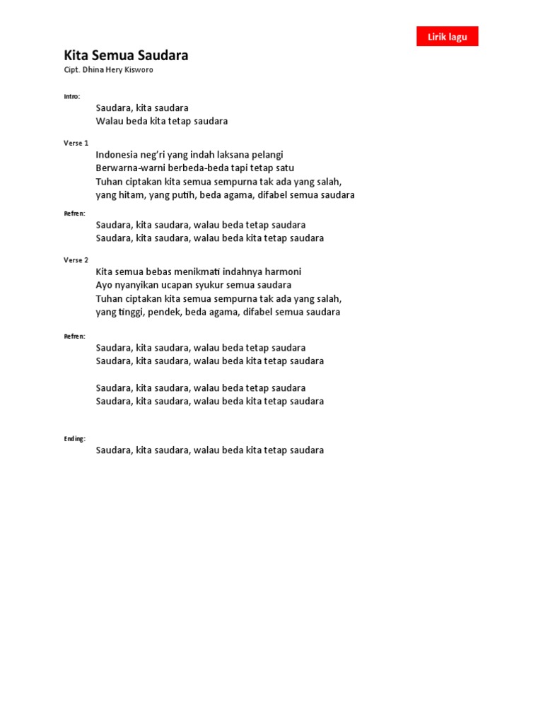 Lirik Lagu Kita Semua Saudara | PDF | Kajian Bahasa Asing | Griya & Taman