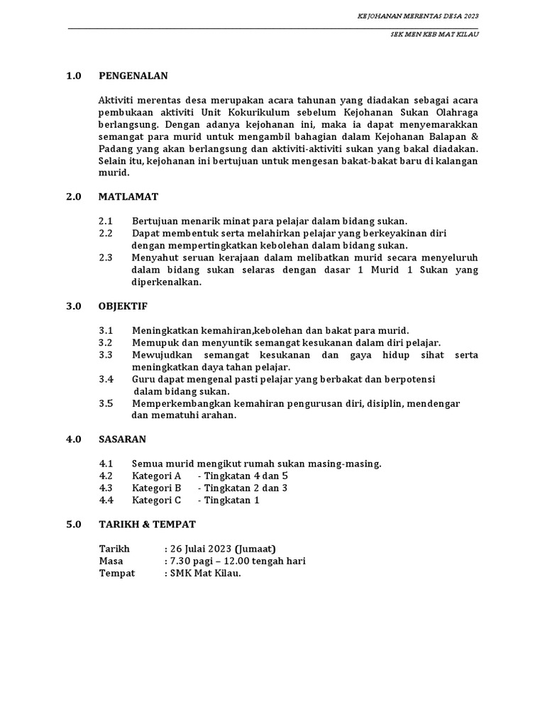 Kejohanan Merentas Desa 2023 SMK Mat Kilau | PDF