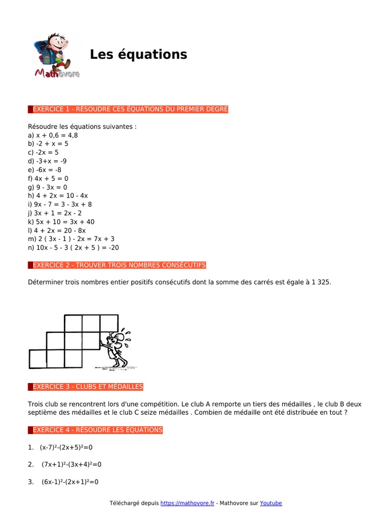 Les Equations Exercices de Maths en 3eme Corriges en PDF | PDF ...