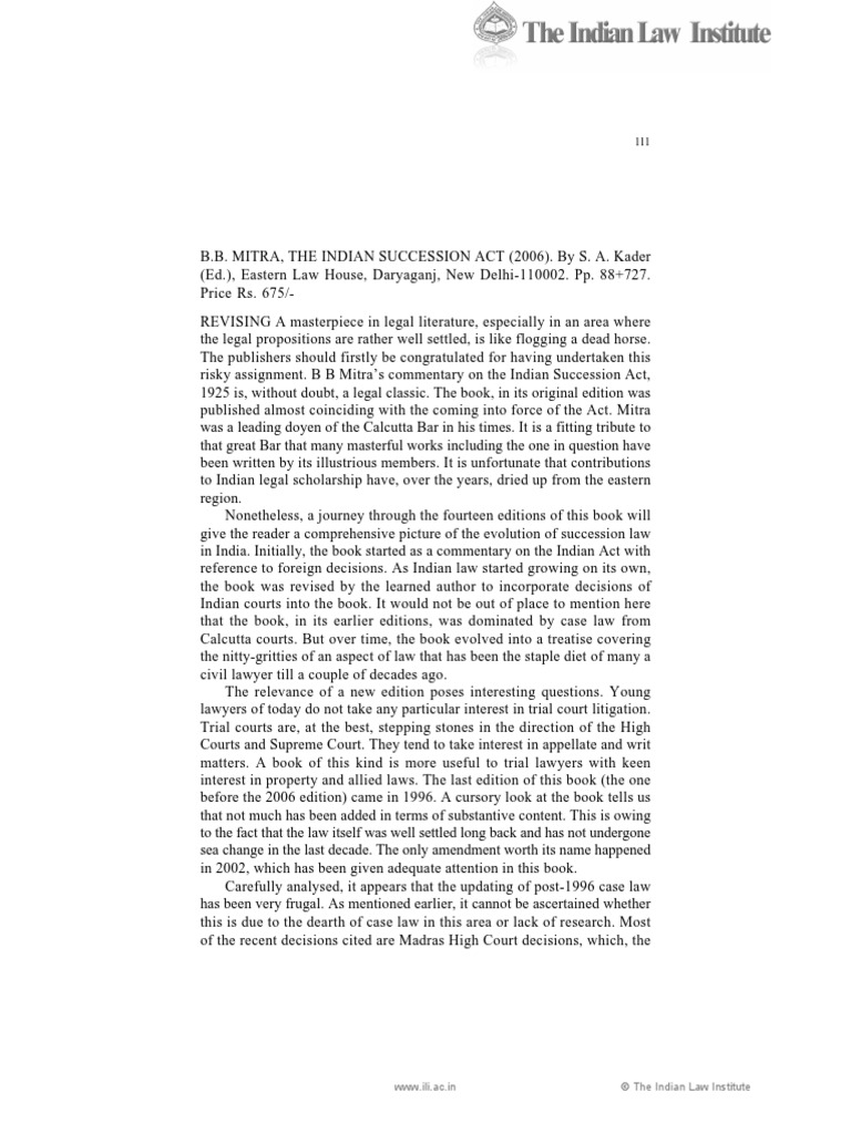 Commentary on Indian Succession Act 2006 | PDF