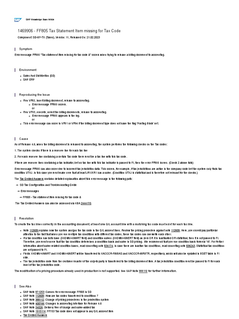 SAP Note - 1469906 - E - 20230615 | PDF | Taxes | Troubleshooting