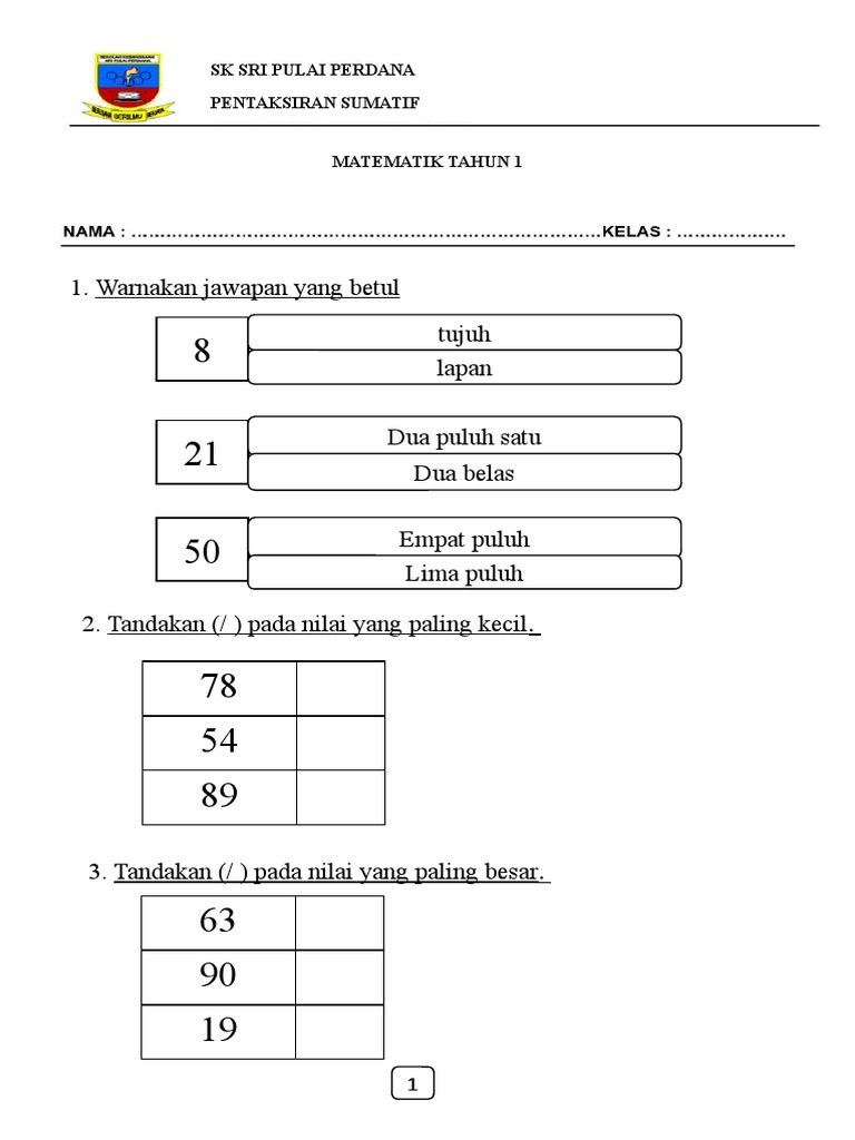Soalan Matematik Tahun 1 | PDF