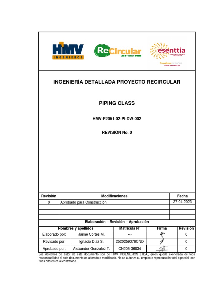 Hmv-P2051-02-Pi-Dw-002-0 Piping Class | PDF | Tubería (transporte de fluidos) | Diseño