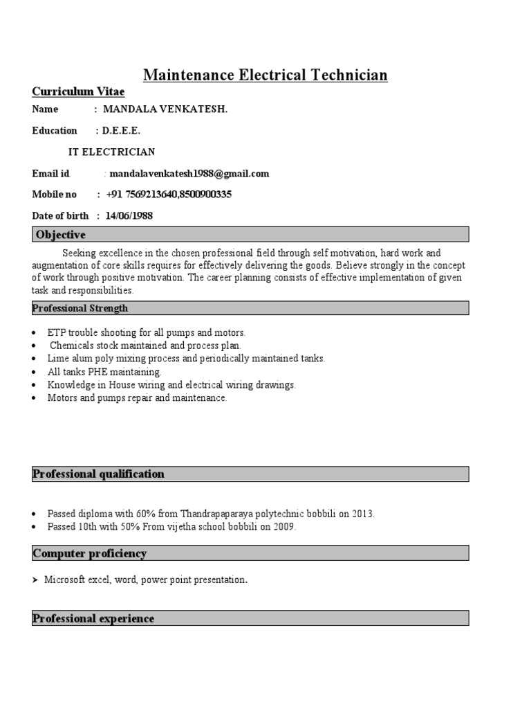 Electrical Technician CV - Mandala Venkatesh | PDF | Wellness