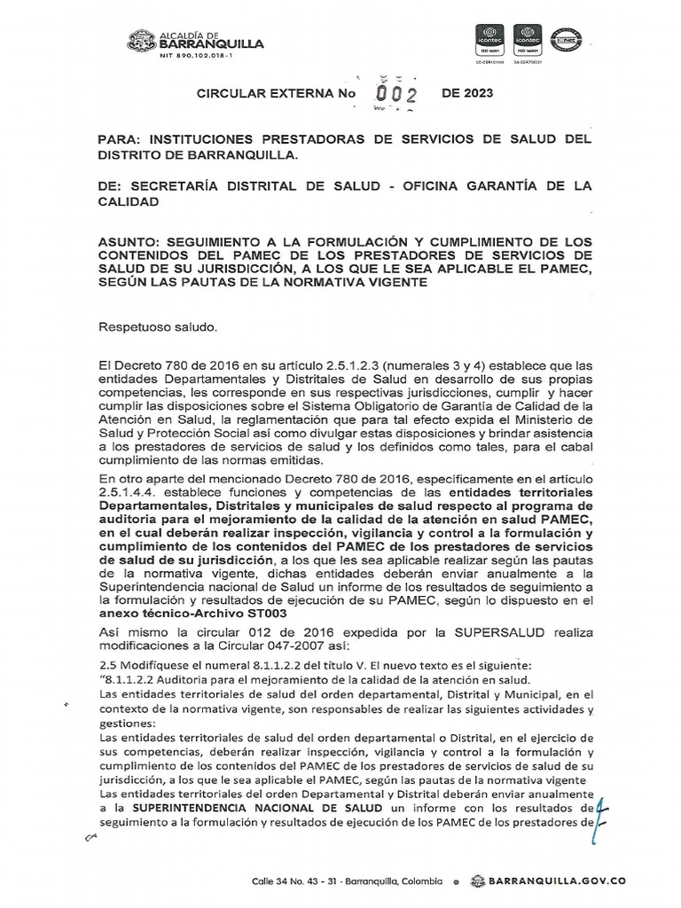 Circular Externa 002-2023 Del 25-01-2023 PAMEC | PDF