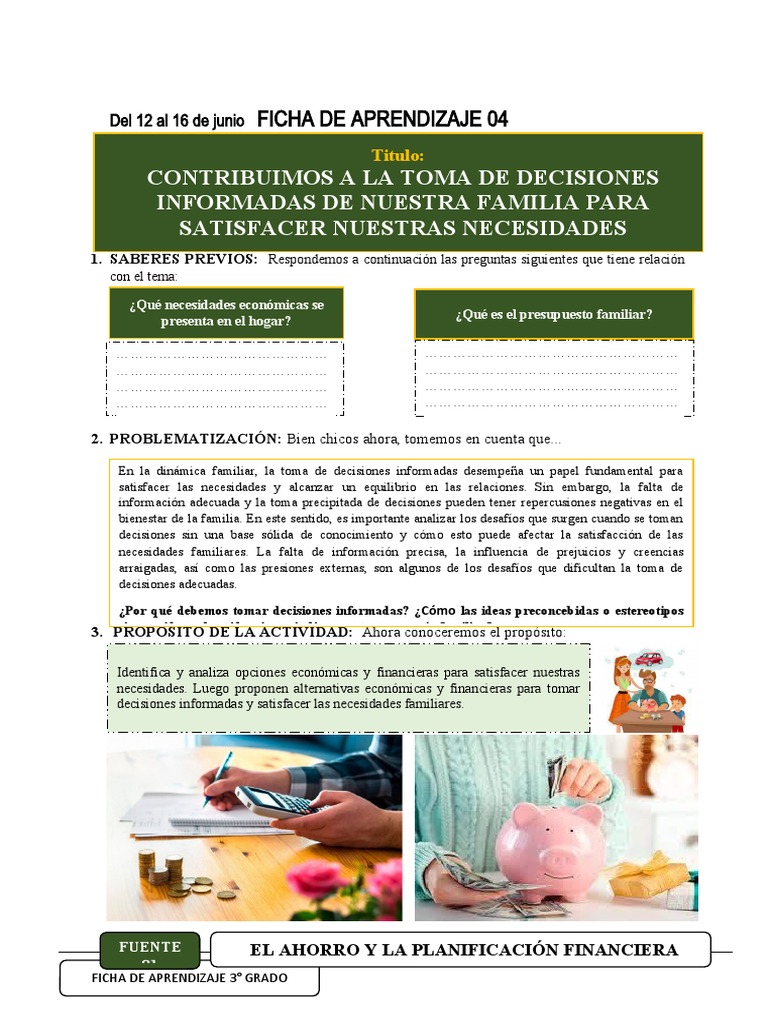 4 FICHA DE APRENDIZAJE CCSS 3° GRADO (1) | PDF | Educación financiera | Planificación