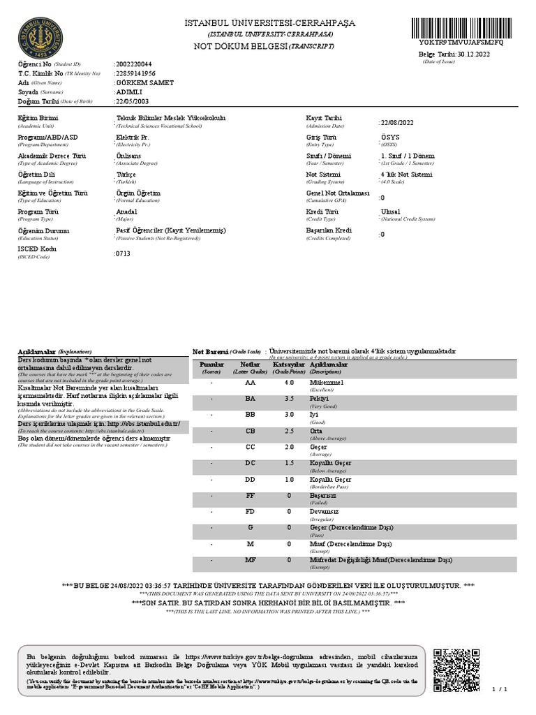 İstanbul Üniversitesi-Cerrahpaşa Not Döküm Belgesi: (Istanbul ...