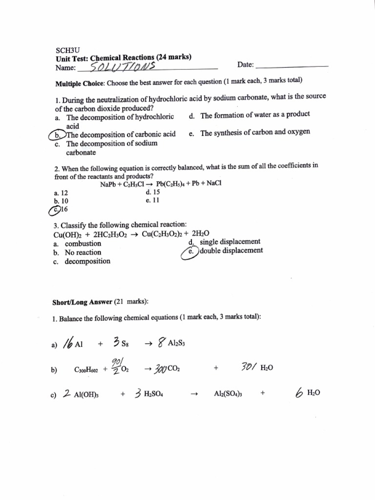 SCH3U_ChemicalReactions_test_solutions_Fall2021 | PDF