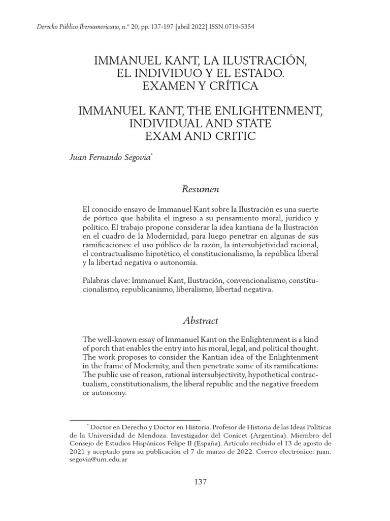 Immanuel Kant, La Ilustración, El Individuo Y El Estado. Examen Y ...