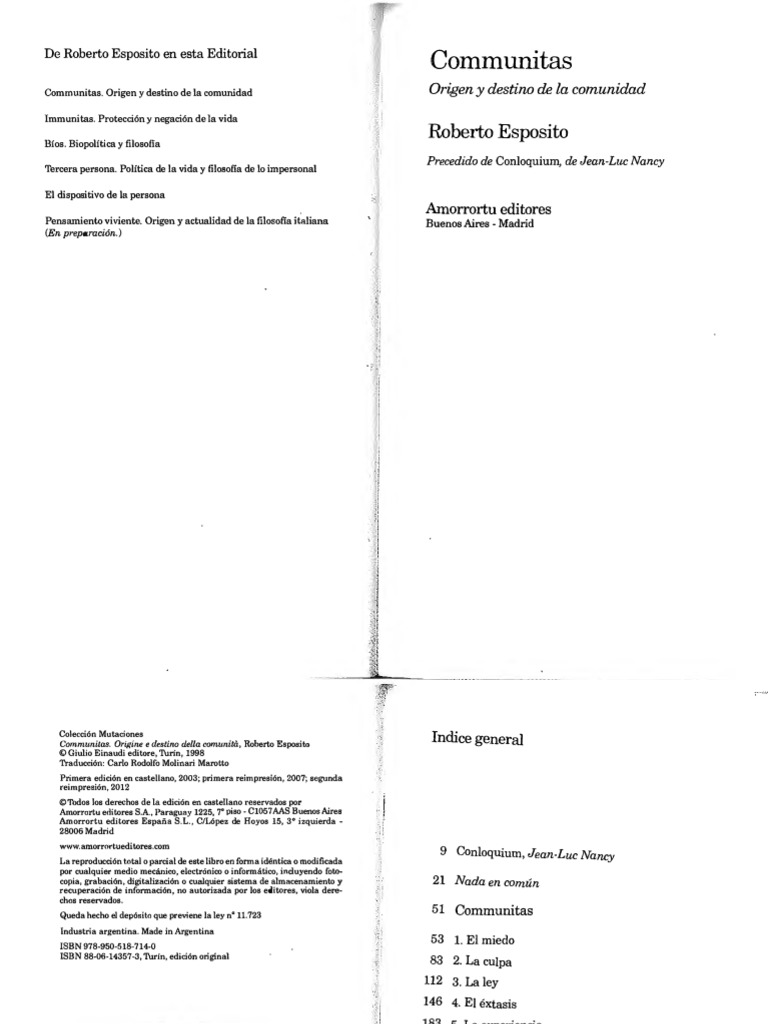 Roberto Esposito - COMMUNITAS. Origen y Destino de La Comunidad. | PDF ...
