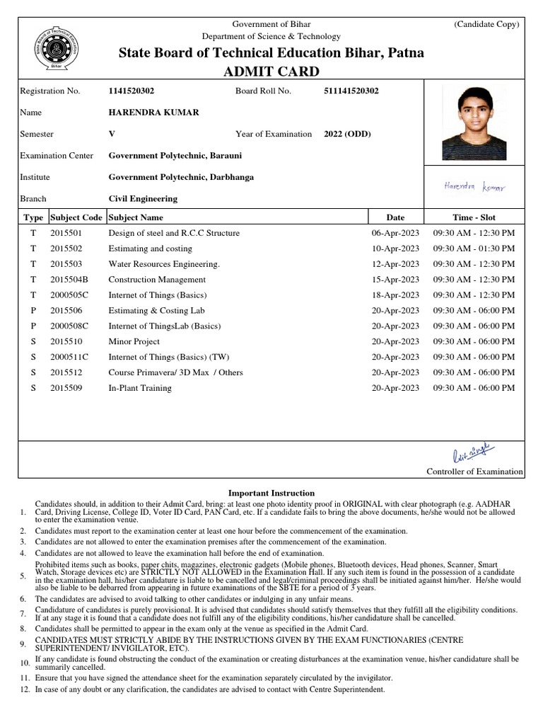 5th Sem Admit Card | PDF