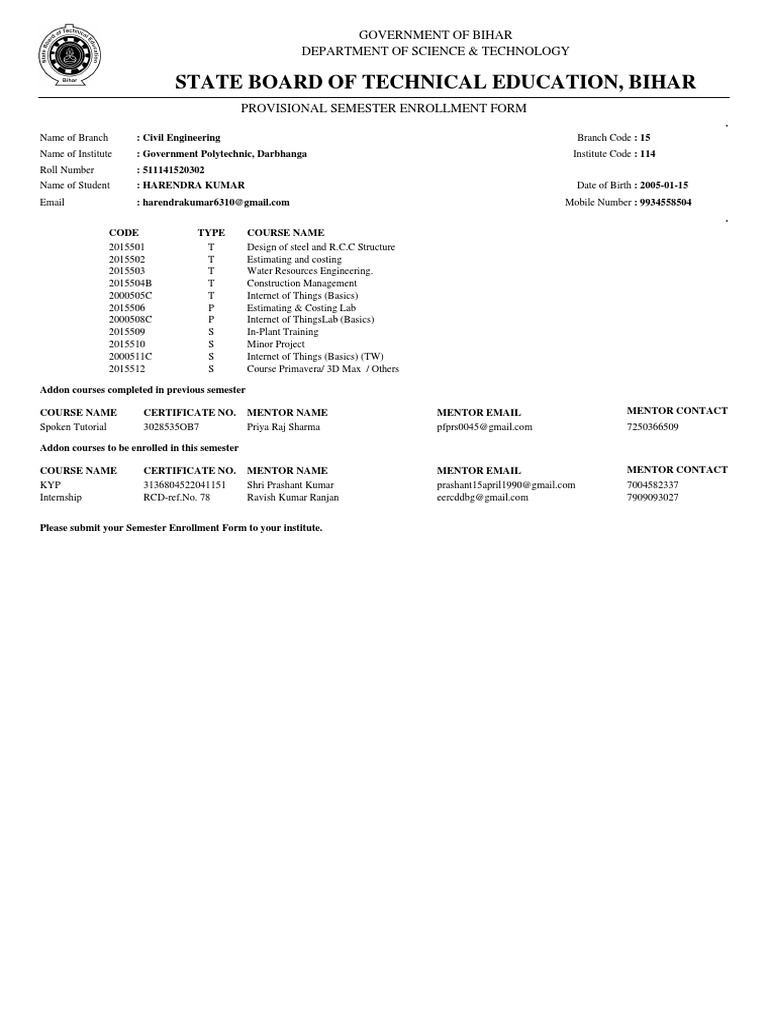 Semester - Enrollment - Sem 5 (Harendra) | PDF | Engineering