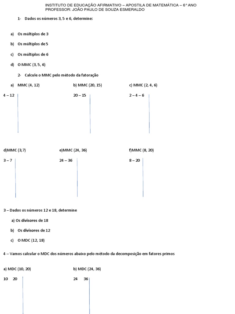 6o Ano - Matemática - Apostila - MMC e MDC | PDF