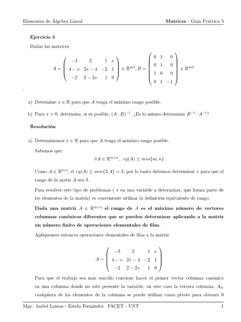 Ejercicio 5 - Guía 3 - Matrices | PDF | Matriz (Matemáticas) | Física ...