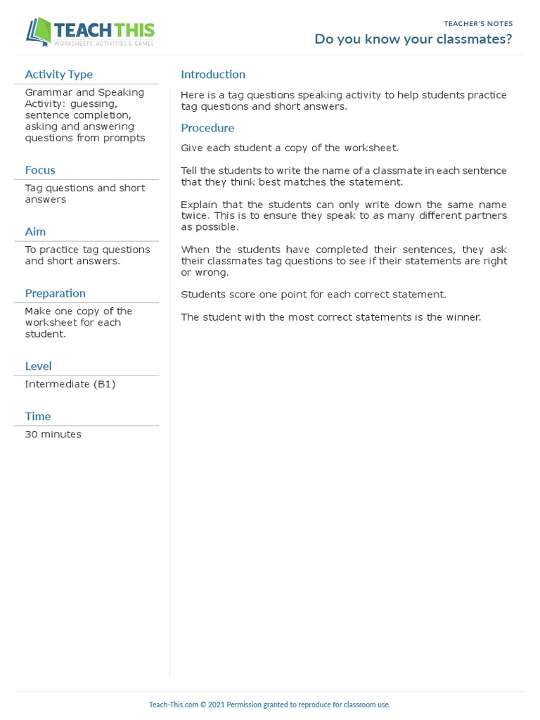 Classmate Tag Questions Activity | PDF | Career & Growth | Language ...