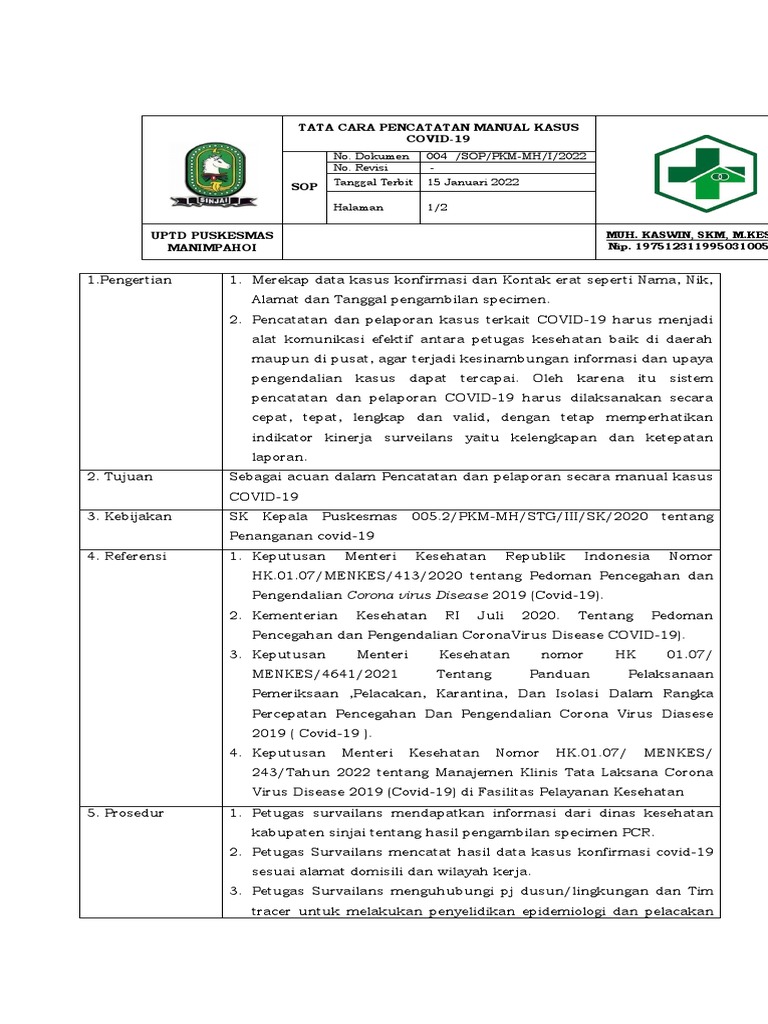 SOP Tata Cara Pencatatan Manual Kasus Covid-19 | PDF