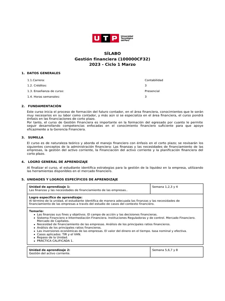 Silabo - Gestion Financiera | PDF | Capital de trabajo | Dinero