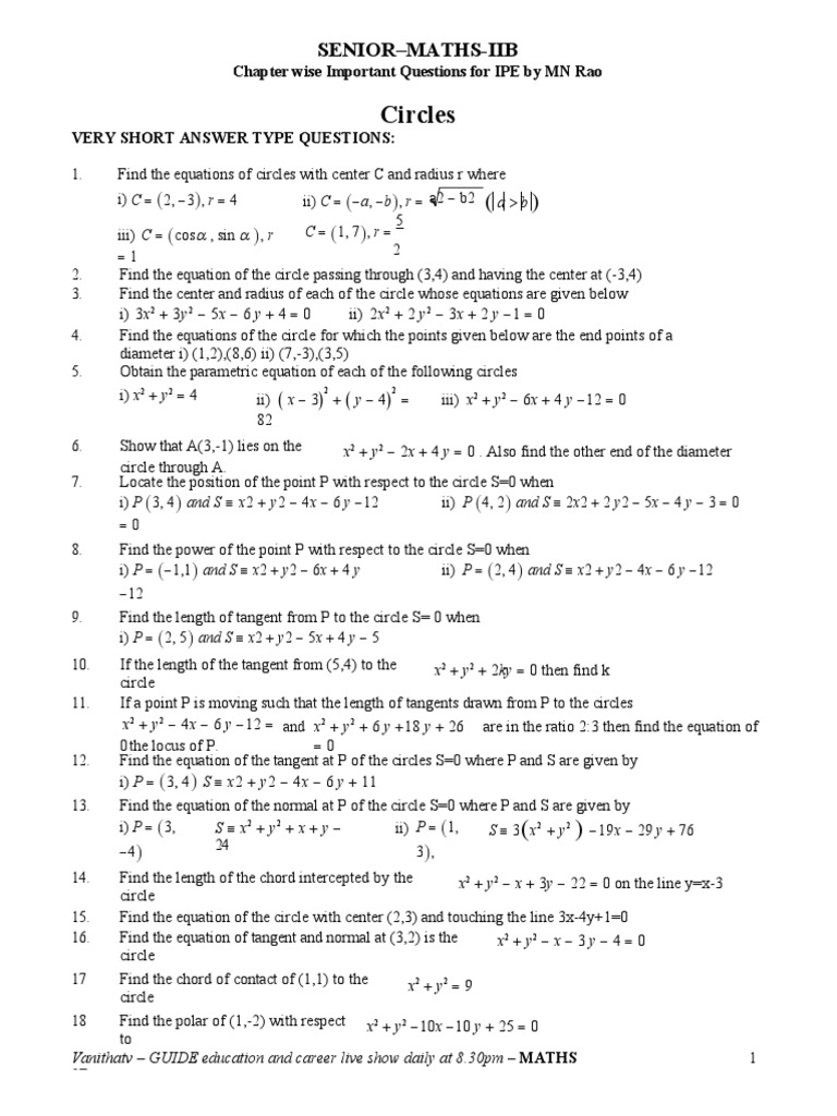 MATHS - IIB QUESTION BANK - Chapter Wise Important Questions For IPE | PDF | Ellipse | Circle