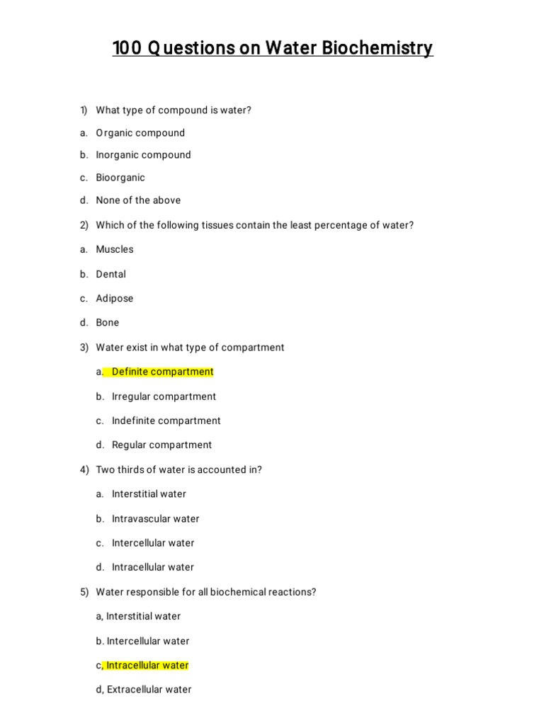 100 Water Biochemistry Questions | PDF