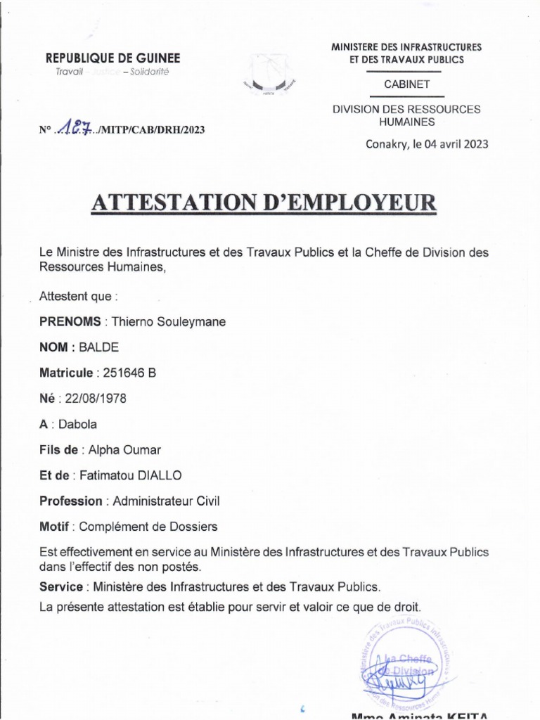 Attestation de Service Balde | PDF
