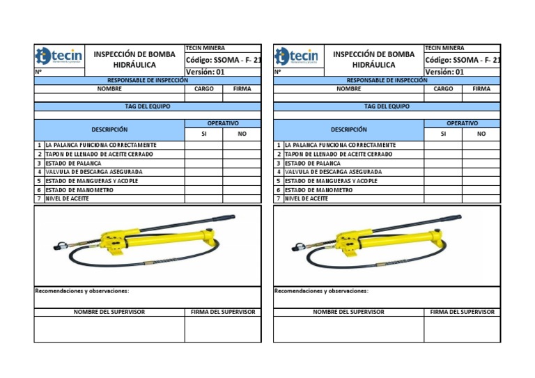 Check list BOMBA HIDRAULICA | PDF