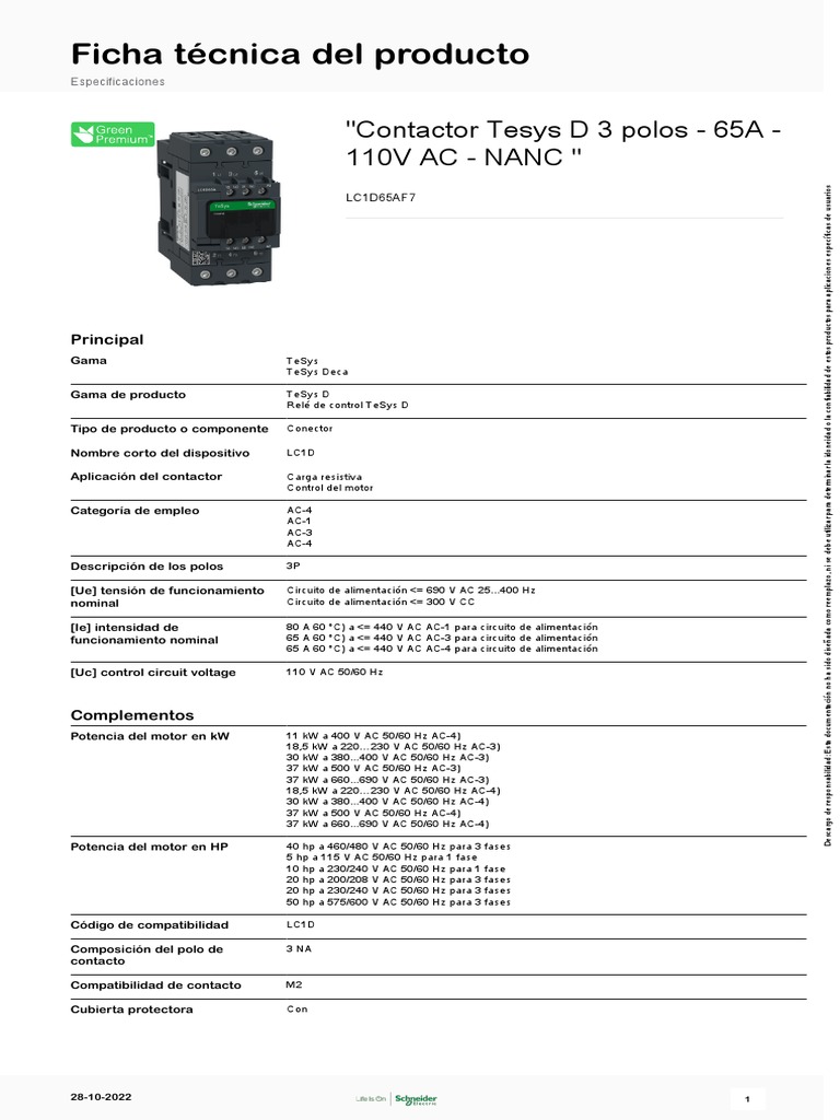 Contactores TeSys Deca - LC1D65AF7 | PDF | Ingenieria Eléctrica ...