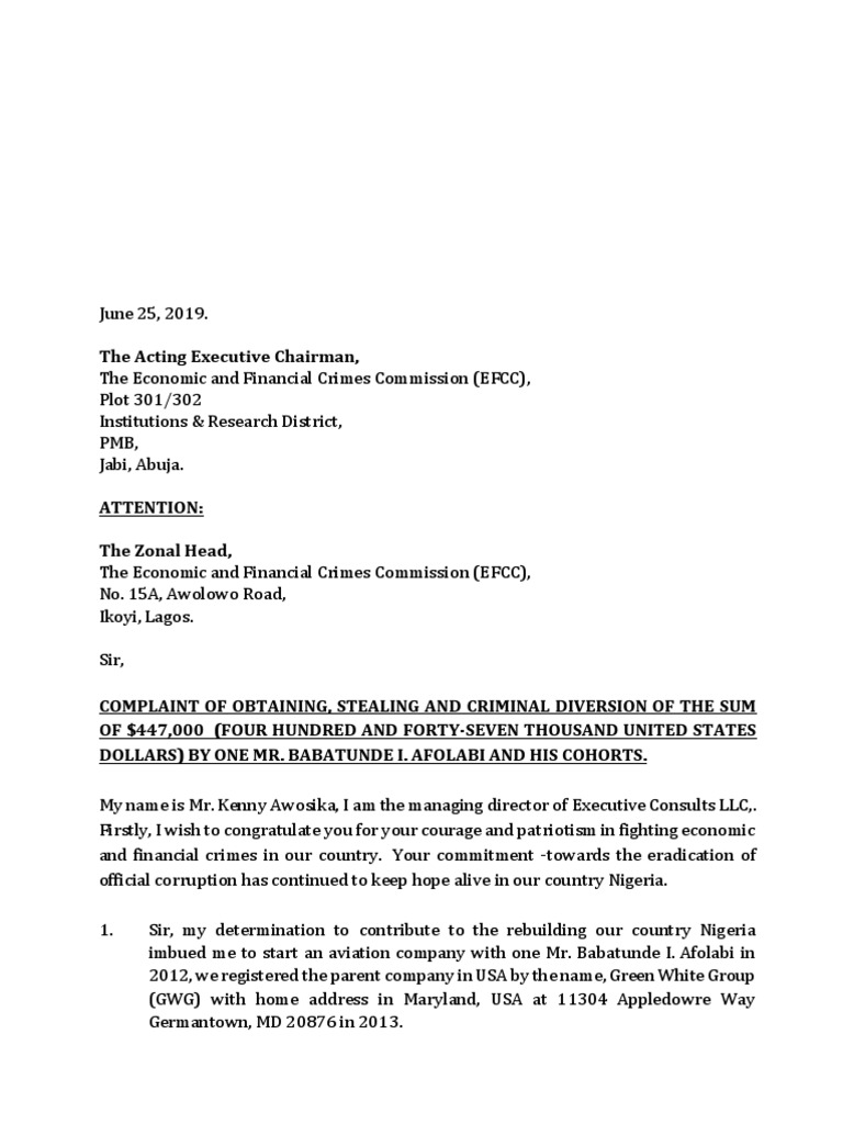 Petition for Fraud Recovery to EFCC | PDF