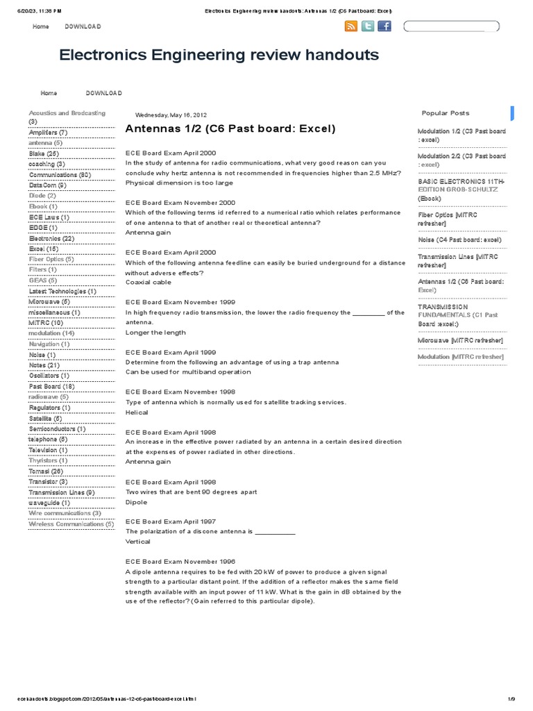 Antennas Review: ECE Exam Handouts | PDF | Antenna (Radio) | Electronic Engineering