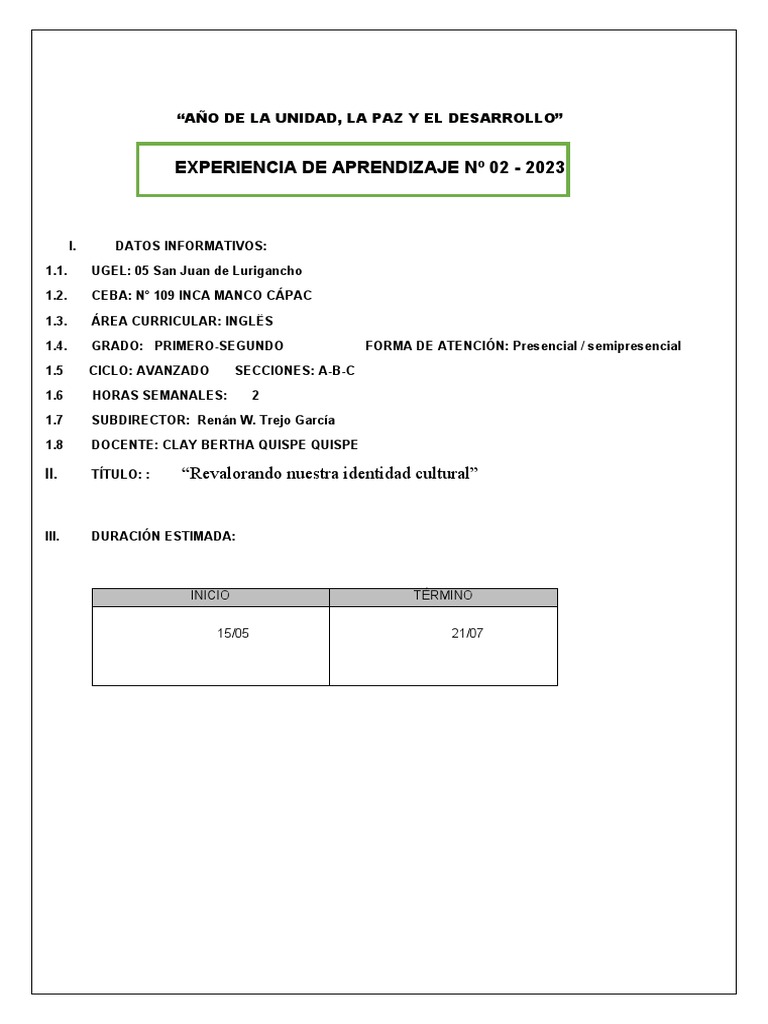 EXPERIENCIA DE APRENDIZAJE 02-Primero y Segundo | Descargar gratis PDF | Información | Evaluación