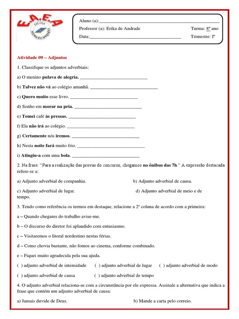 09 - Atividade - Adjunto Adverbial | PDF