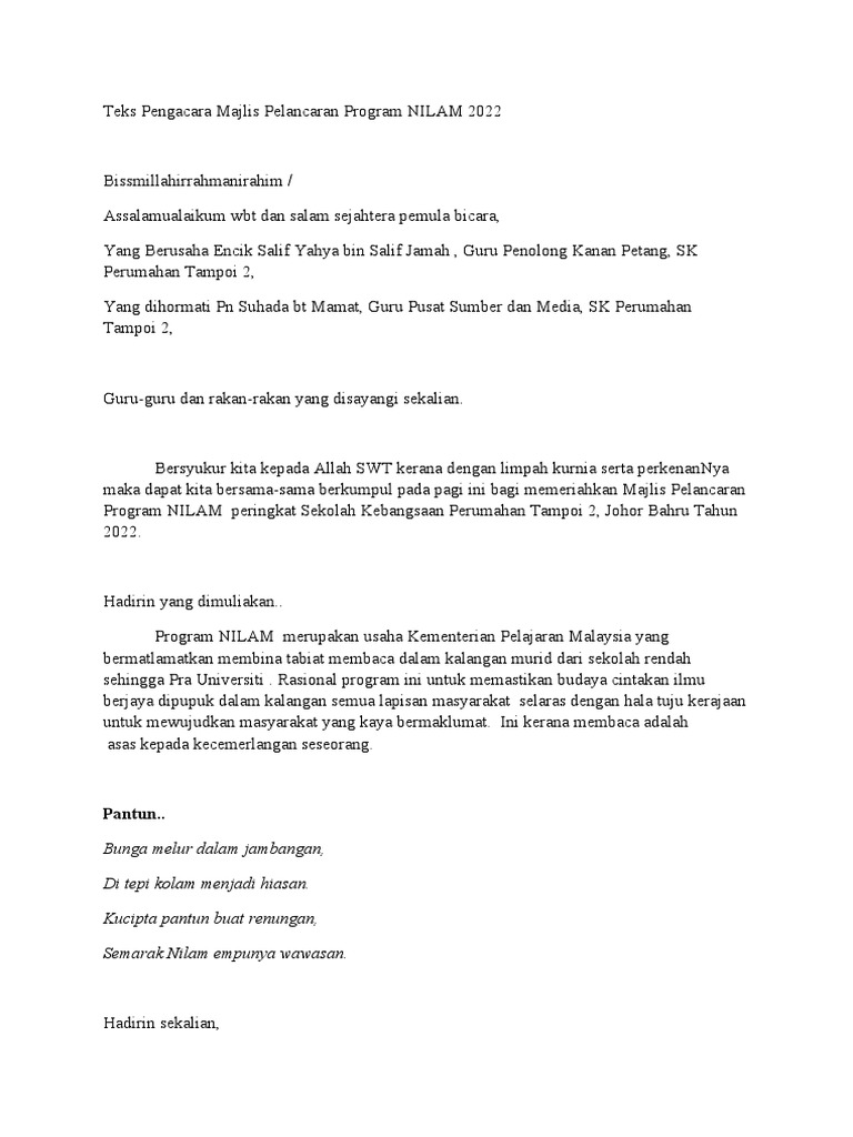 Teks Pengacara Majlis Pelancaran Program Nilam 2022 Petang Pdf