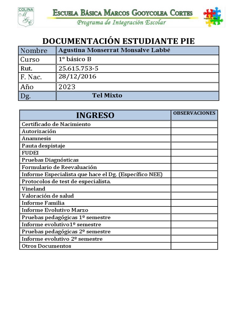 Documentación Estudiante PIE 2023 | PDF | Salud y bienestar