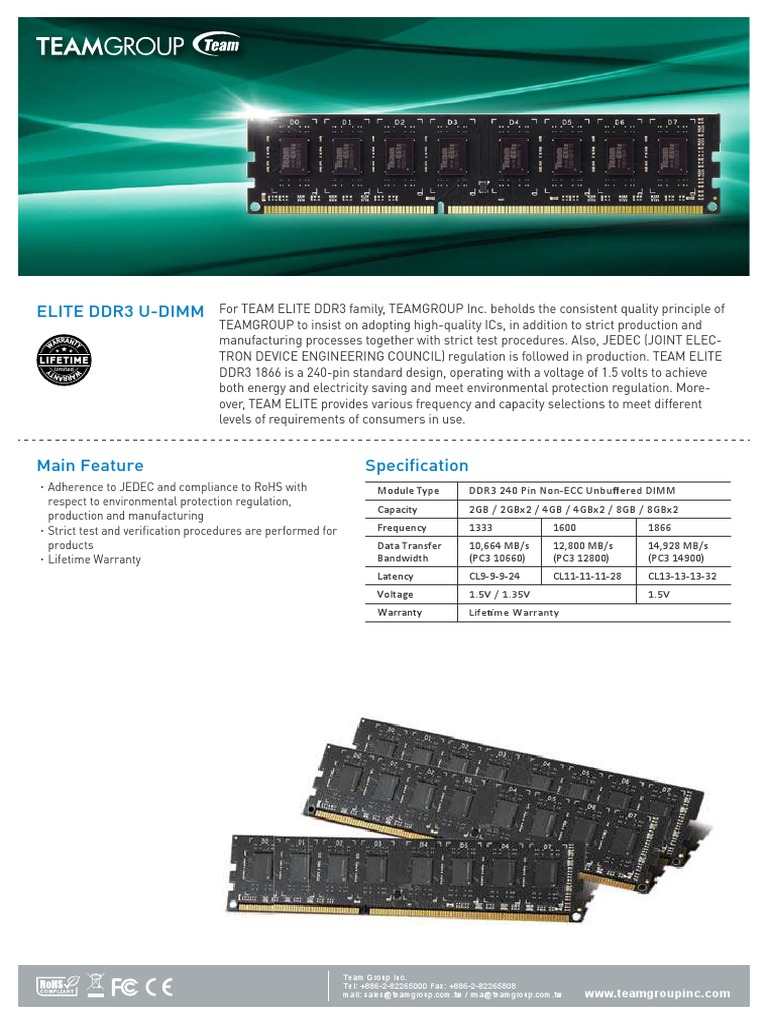 Team Elite U DIMM DDR3 EDM | PDF | Computer Hardware | Computing