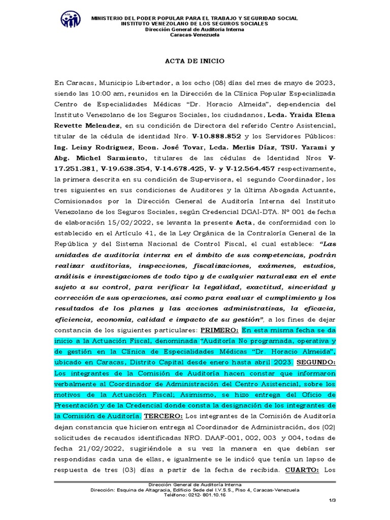 Modelo de Acta Inicio Especialidades Medicas | PDF