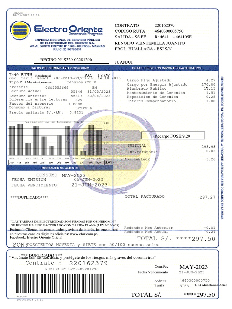 Recibo de Luz Electro Oriente Junio 2023 | PDF