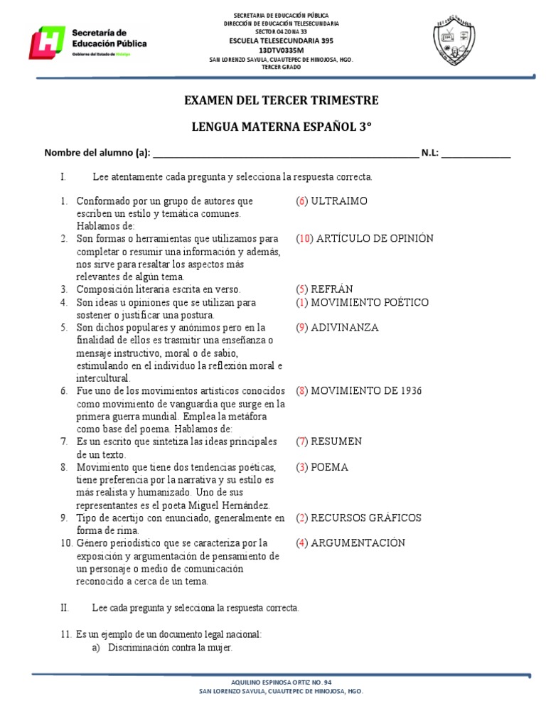 Examen Tercer Trimestre Español 3° | PDF | México | Poesía