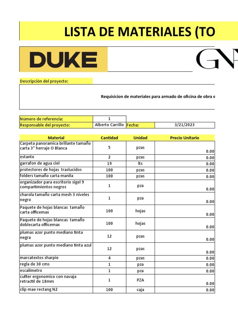Lista de Materiales | PDF