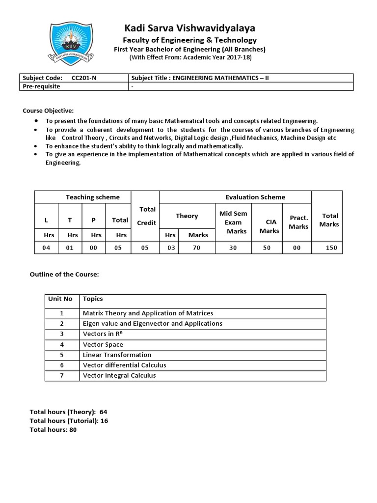 CC201-N-ENGINEERING MATHEMATICS – II | PDF | Linear Map | Vector Space