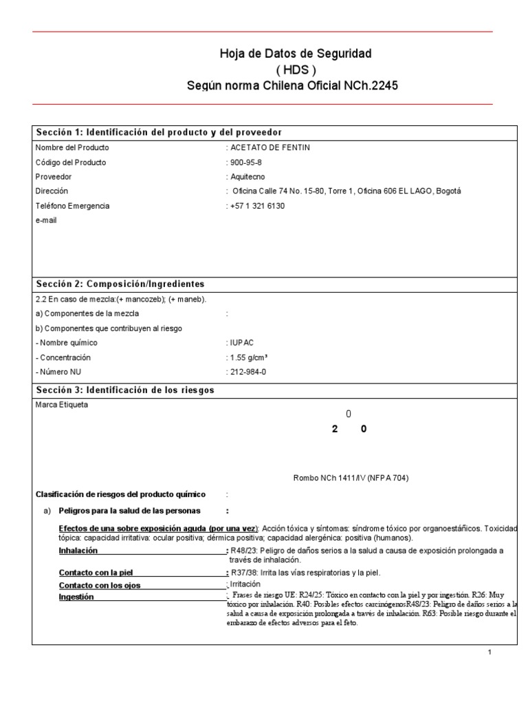 Hoja de Seguridad ACETATO DE FENTIN | PDF