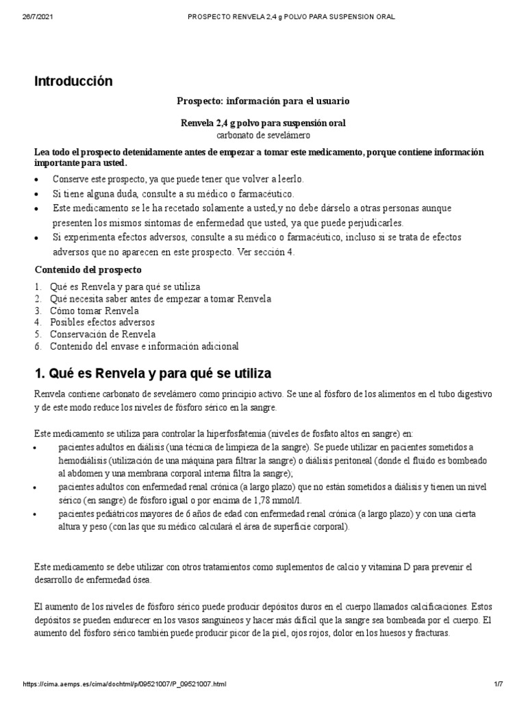 Prospecto de Renvela: Usos y Precauciones | PDF | Efecto adverso ...