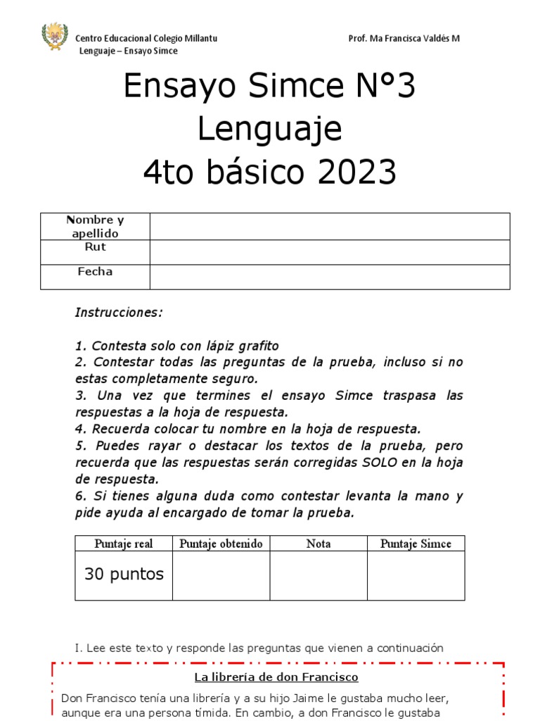 Ensayo Simce N°3-Lenguaje | PDF