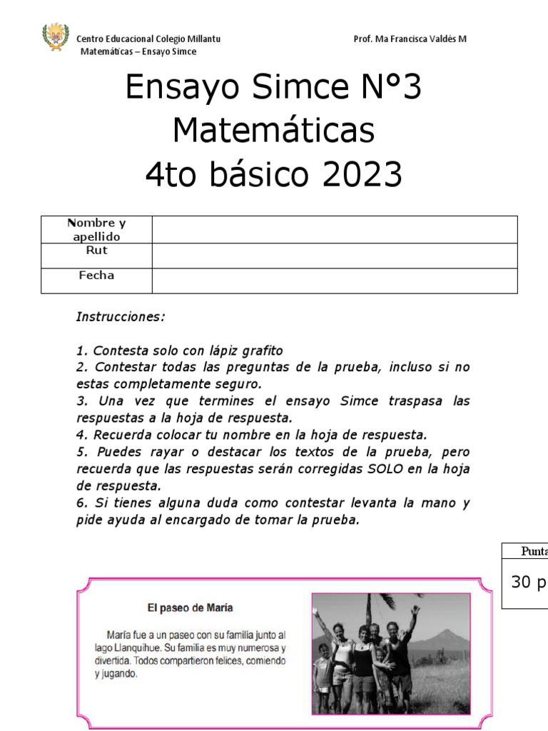 Ensayo Simce Matemáticas 4° Básico | PDF