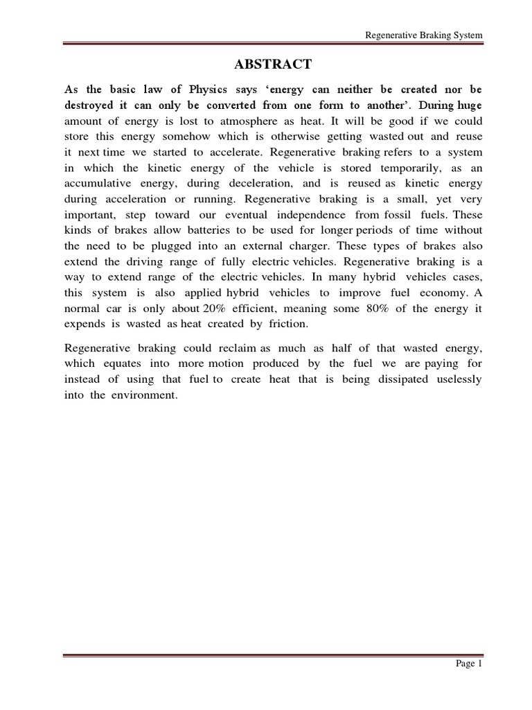 Project Report On Regenerative Braking System | PDF