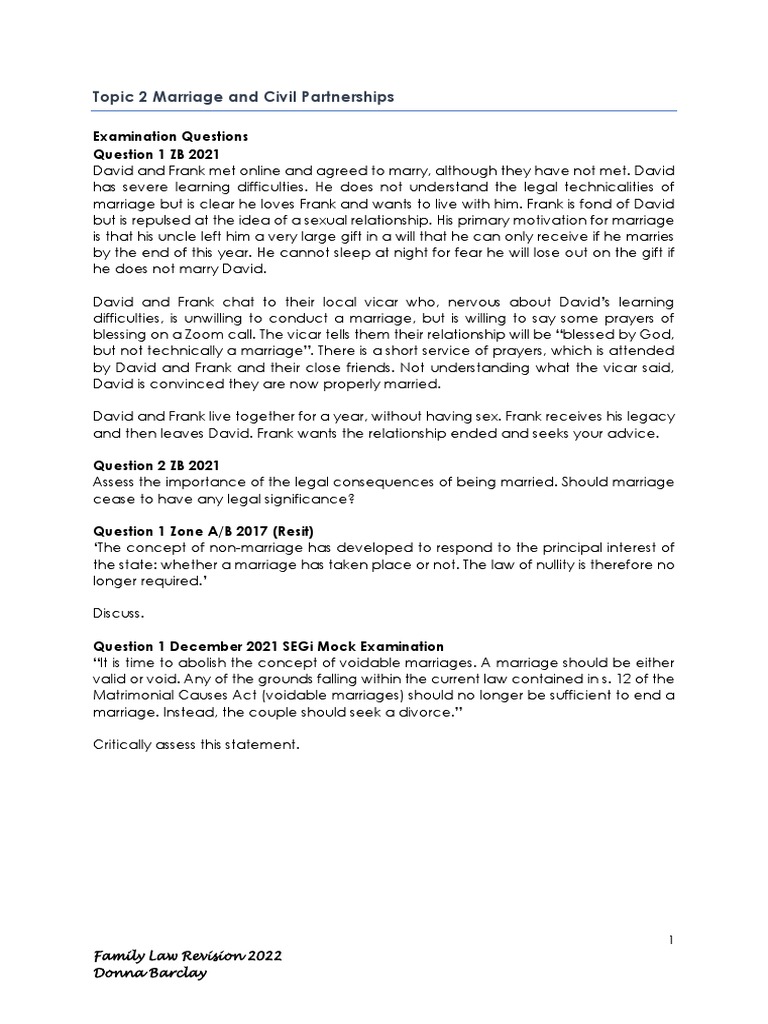 Topic 2 Marriage and Civil Partnership Revision Question | PDF