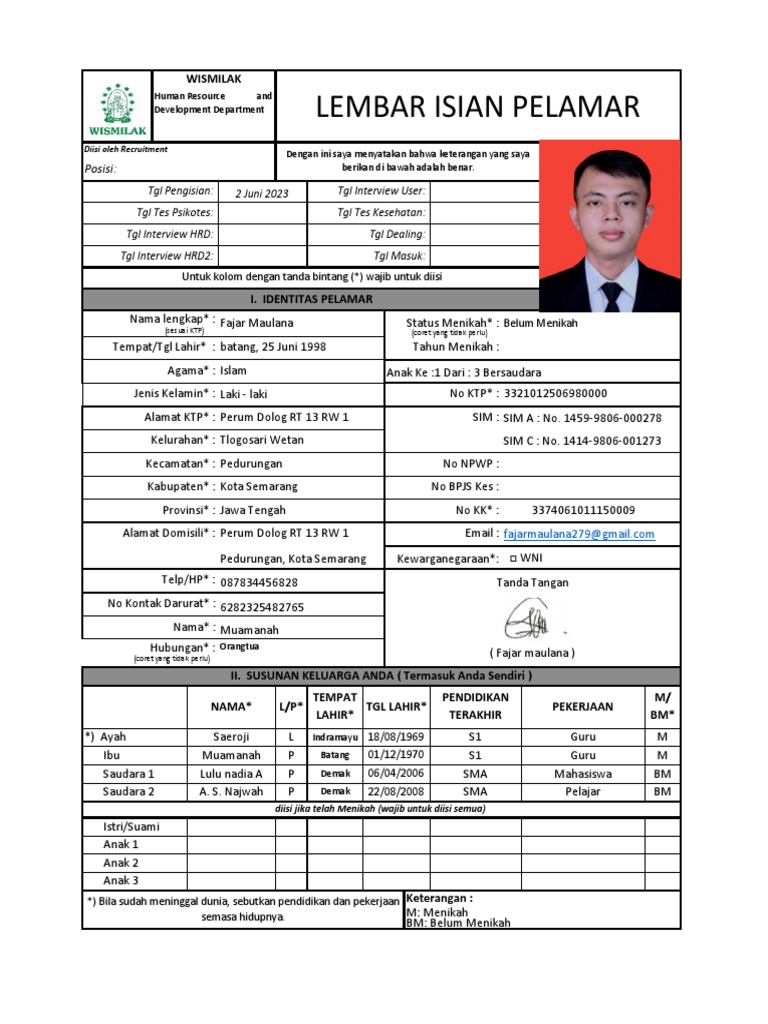 Lembar Isian Pelamar | PDF