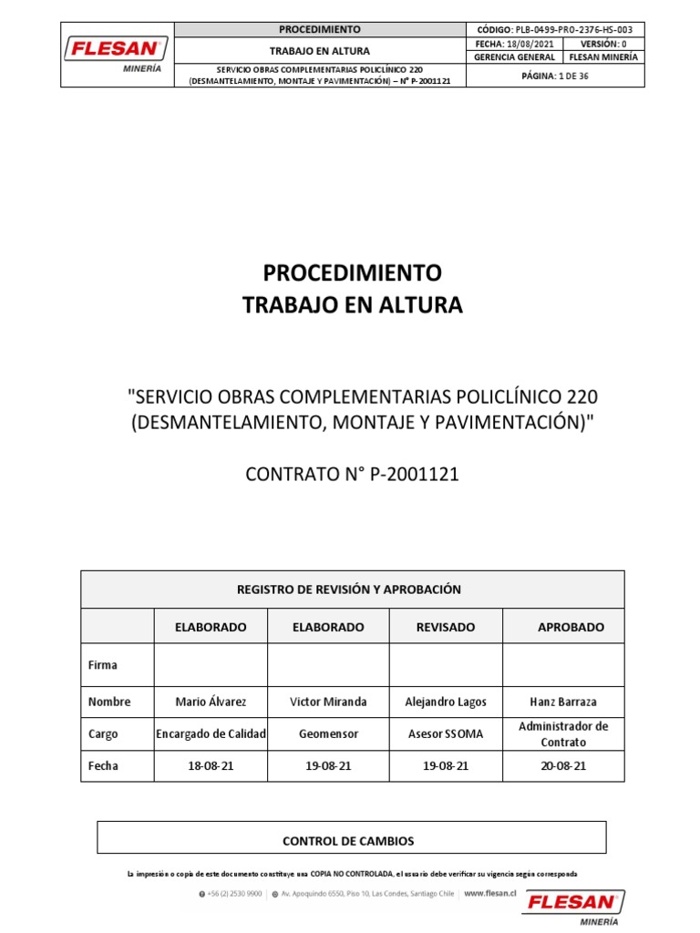 PLB-0499-PRO-2376-HS-003 Trabajo en Altura Rev 0 | PDF | Cuerda | Seguridad y salud ocupacional